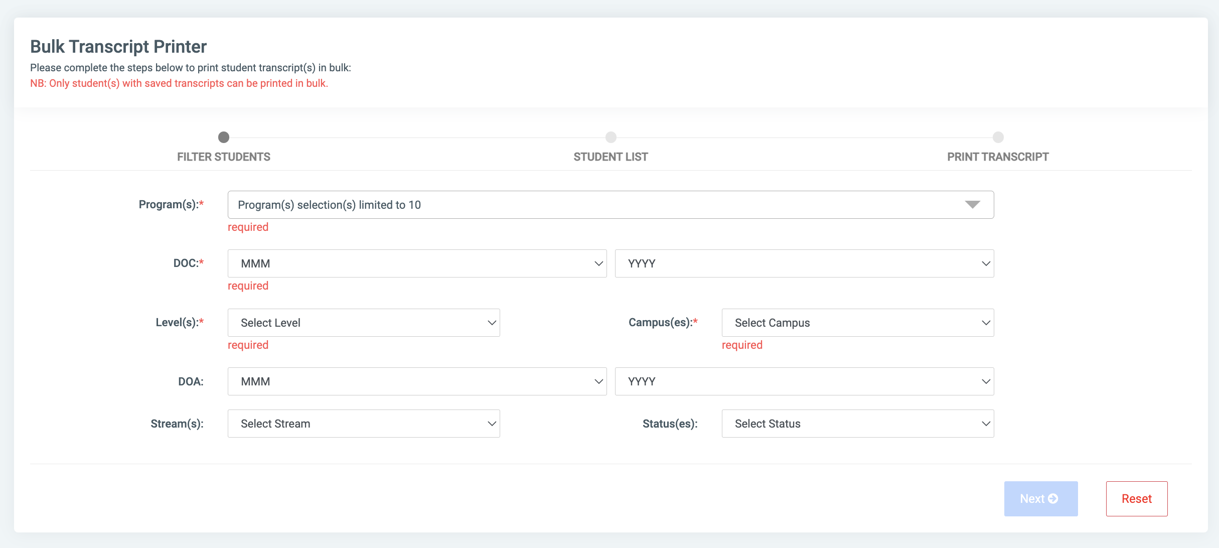 Bulk Transcript Printer – OSIS